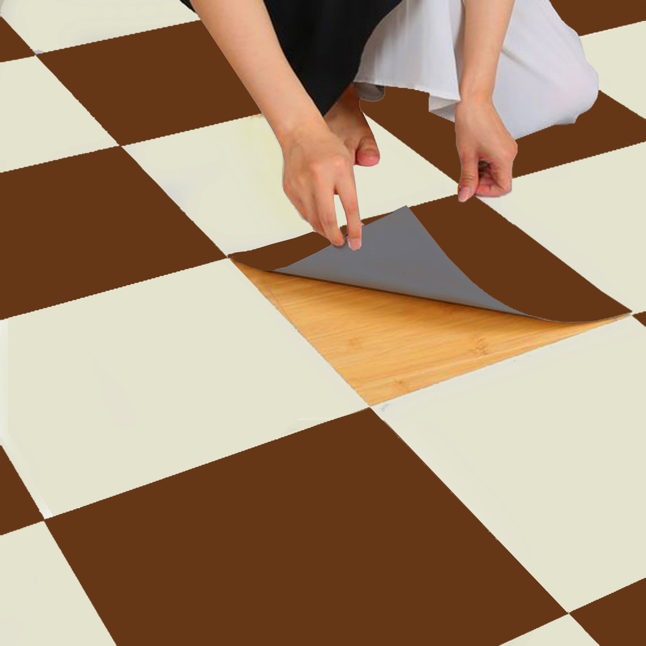 Pecan & Off White Checker Premium Peel and Stick Floor Tile Stickers ...